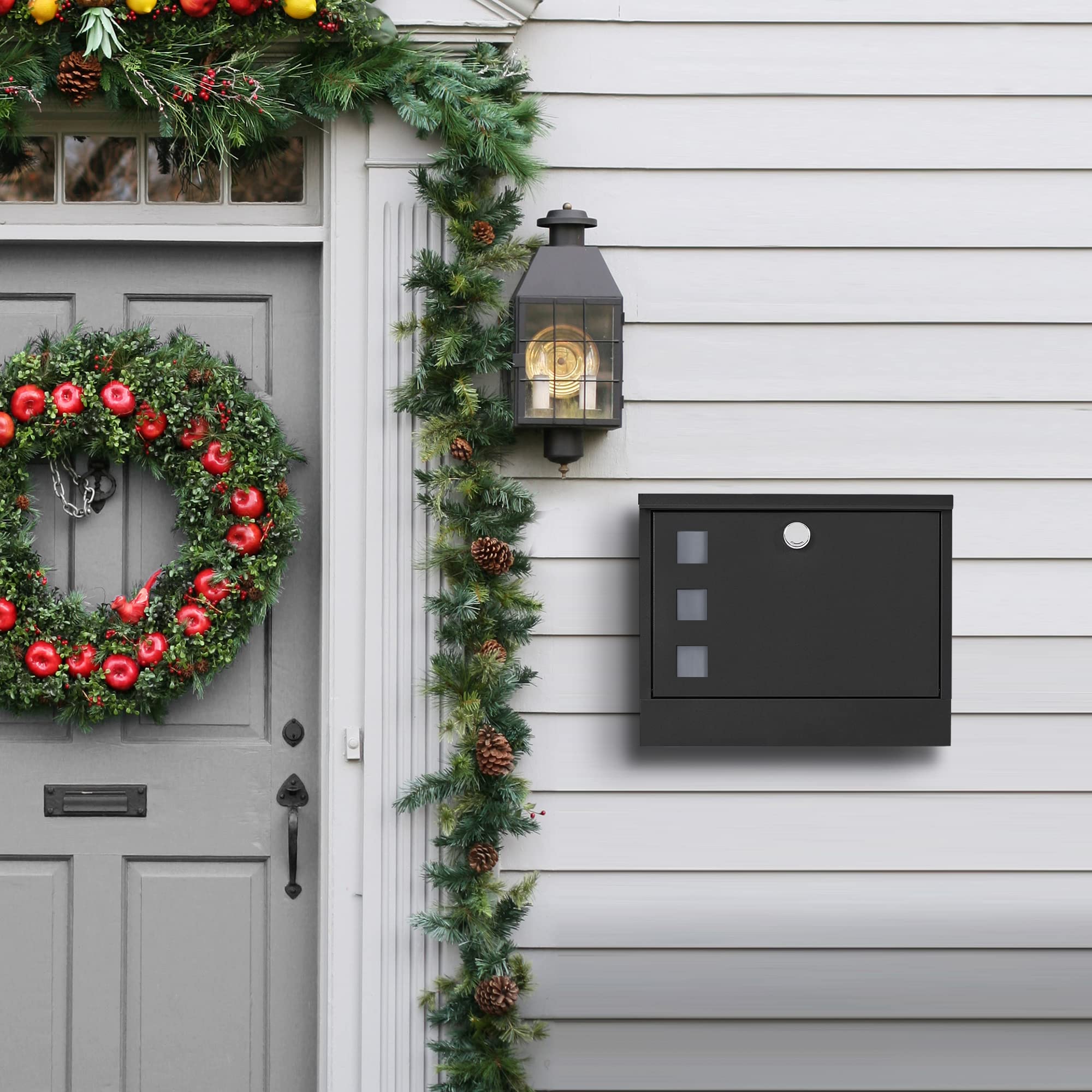 LAND·VOI Locking Mailbox Wall Mounted, Metal Postbox with Three Sets of Mail Box Number Stickers, 4 Keys, 14.4" x 4.5" x 11.2", Large Capacity, Black, AMB11B