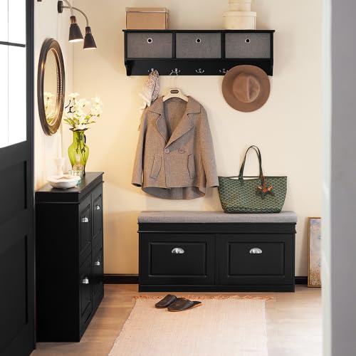 SoBuy Black Storage Shoe Bench with 2 Flip Drawers, Hidden Shoe Bench, Free Standing Shoe Rack, Shoe Cabinet, Hallway Storage Bench with Seat Cushion FSR64-SCH