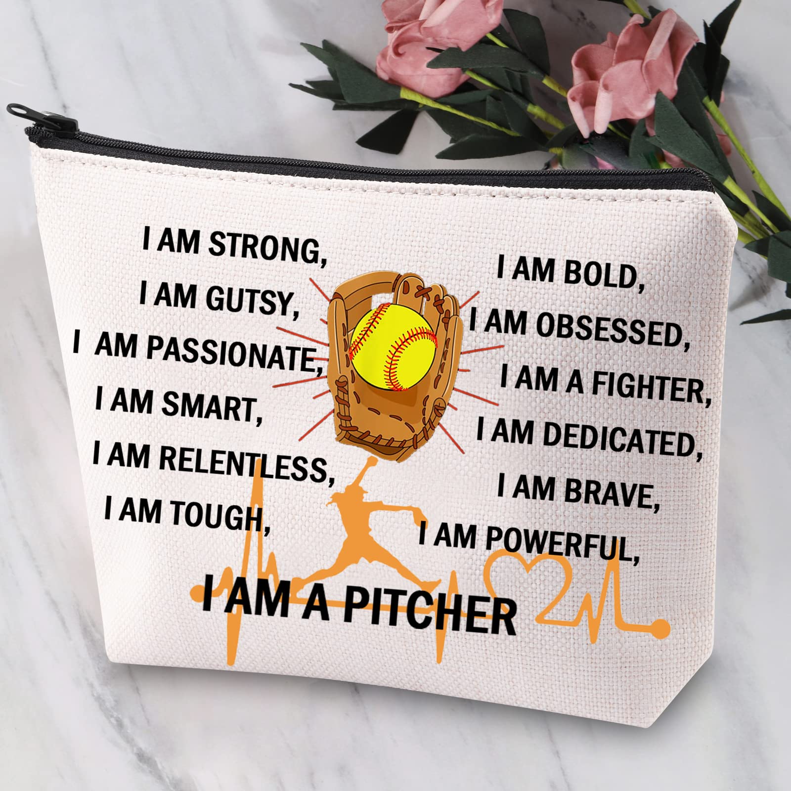 JYTAPP Softball Makeup Bag I Am Strong I Am Bold Softball Player Gift Softball Pitcher Gift Softball Theme Sport Cosmetic Pouch Bag