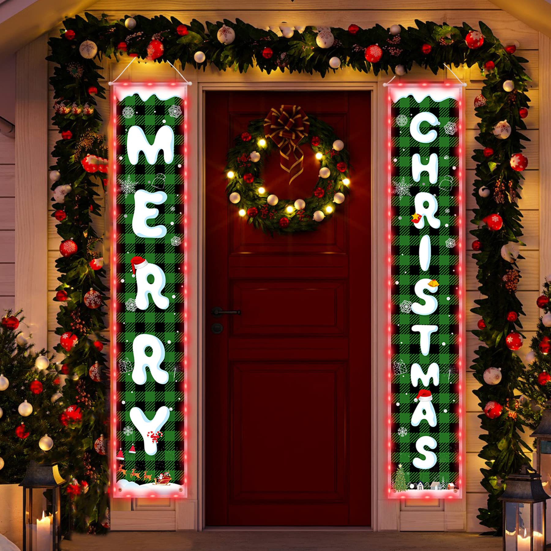 Christmas Decoration Banners with Lights, Merry Christmas Banners, Party Decor and Porch Sign, Green Plaid Christmas Decoration Banners for Front Door Porch Indoor/Outdoor