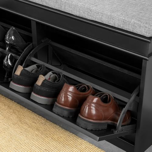 SoBuy Black Storage Shoe Bench with 2 Flip Drawers, Hidden Shoe Bench, Free Standing Shoe Rack, Shoe Cabinet, Hallway Storage Bench with Seat Cushion FSR64-SCH