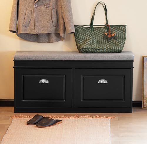 SoBuy Black Storage Shoe Bench with 2 Flip Drawers, Hidden Shoe Bench, Free Standing Shoe Rack, Shoe Cabinet, Hallway Storage Bench with Seat Cushion FSR64-SCH