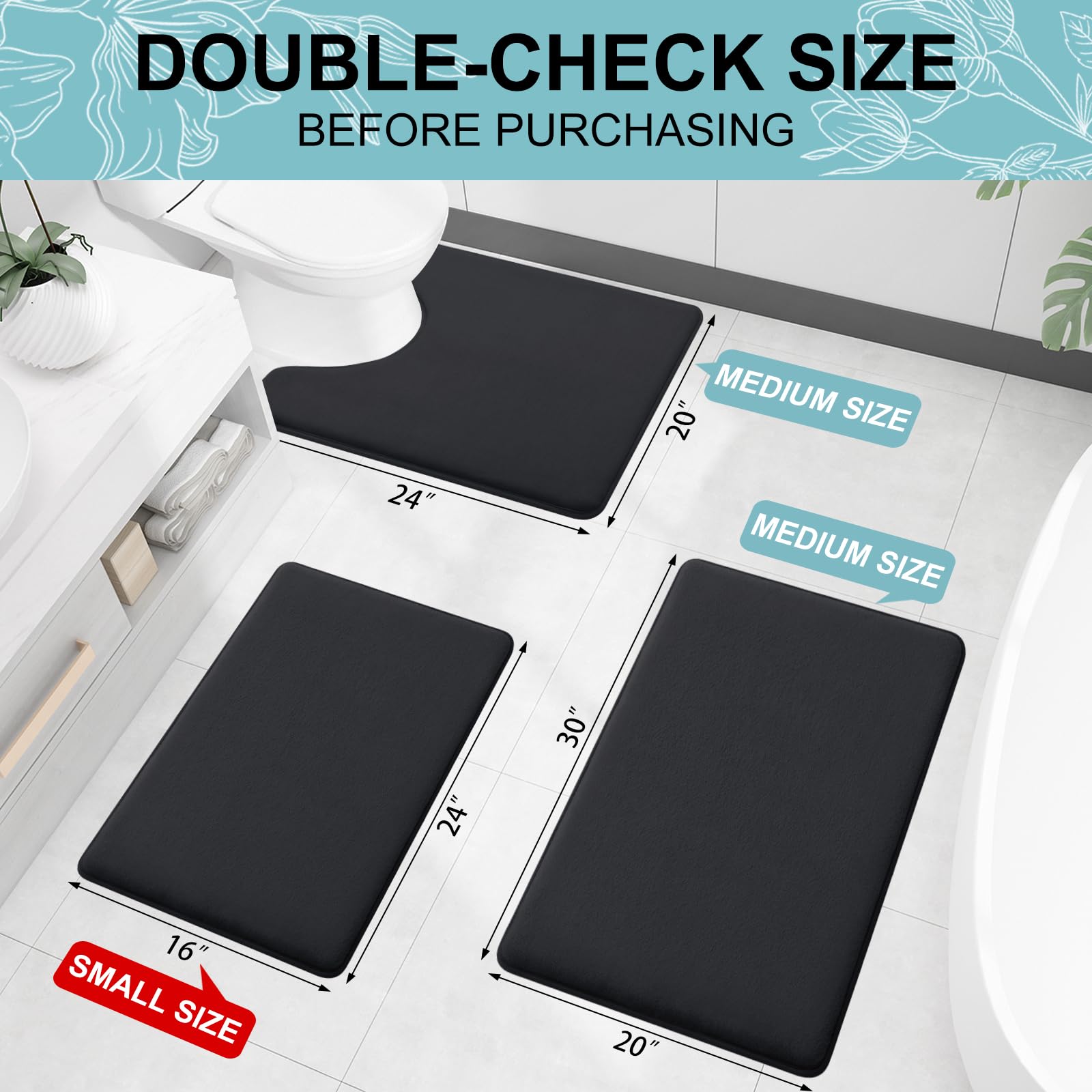 Smiry Memory Foam Bath Mat, Super Soft Absorbent Bathroom Rugs Non Slip Bath Rug Runner for Shower Bathroom Floors, 17" x 24", Black