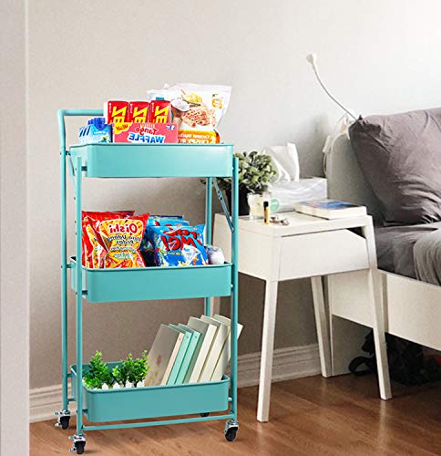 totolot 3-Tier Collapsible Rolling Utility Cart with Lockable Caster Wheels, Metal Storage Cart for Classroom, Office, Bathroom, Blue