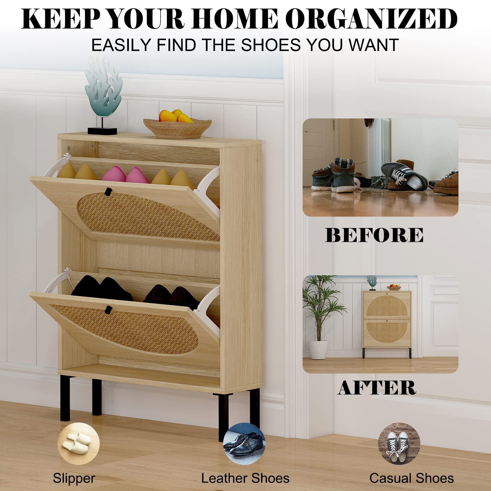 Yoluckea Rattan Shoe Storage Cabinet/Rack with 2 Flip Drawers for Entryway Modern Wooden Free Standing for Heels Slippers Hallway Bedroom Small Space(Natural)