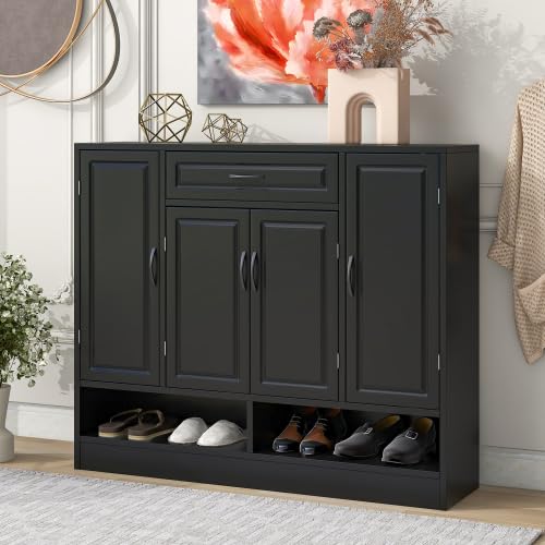 FridayParts Sleek and Modern Cabinet with Adjustable Shelves, Minimalist Shoe Storage Organizer with Sturdy Top Surface, Space-Saving Design Side Board for Various Sizes of Items, Black