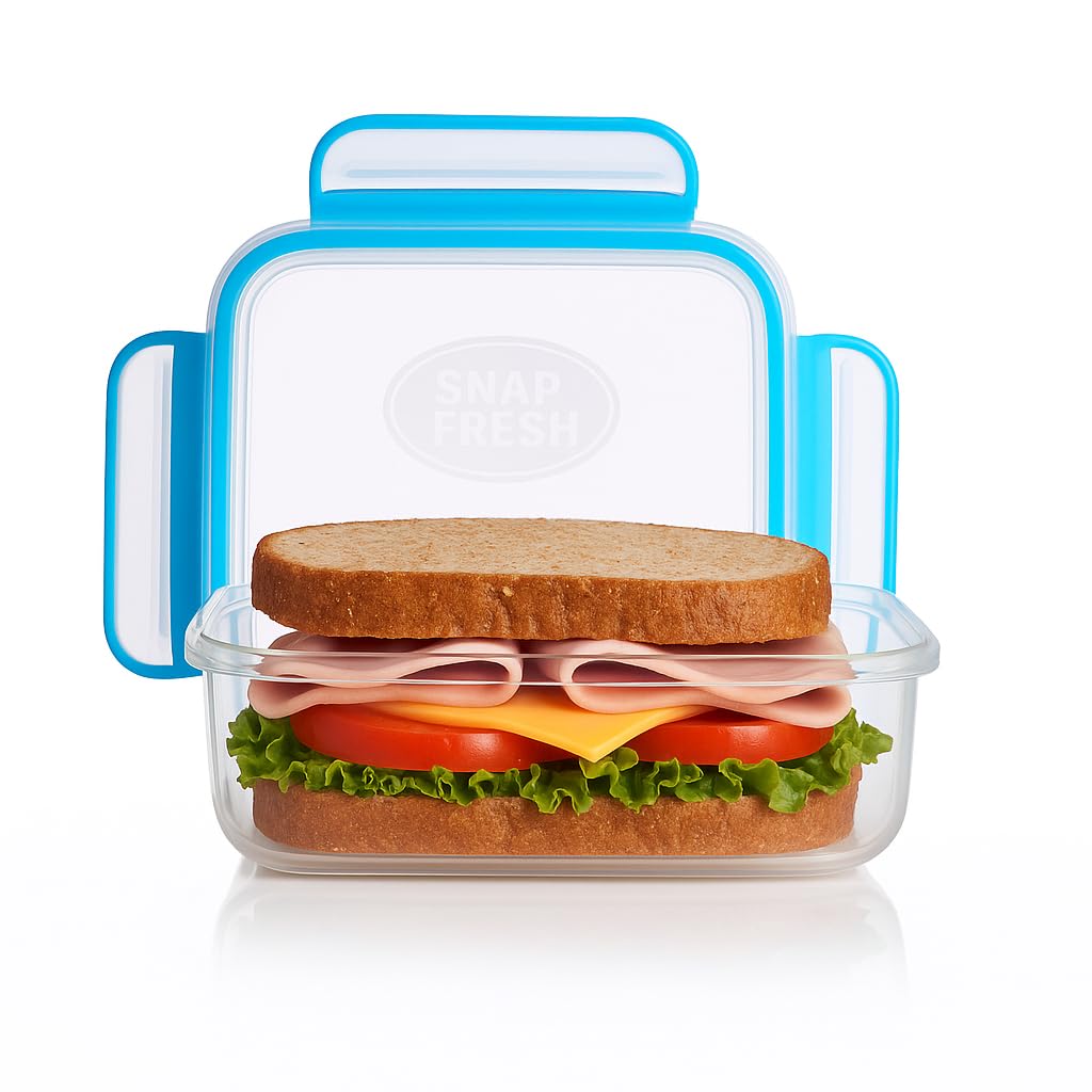 Snap Fresh - 4 Pack of Sandwich Containers (450 ml) - Reusable, BPA Free Plastic, Snap & Lock Shut Lids and Silicone Seal. Great for Fruit, Salad, Lunch Box Snacks and Food Storage; Kids and Adults
