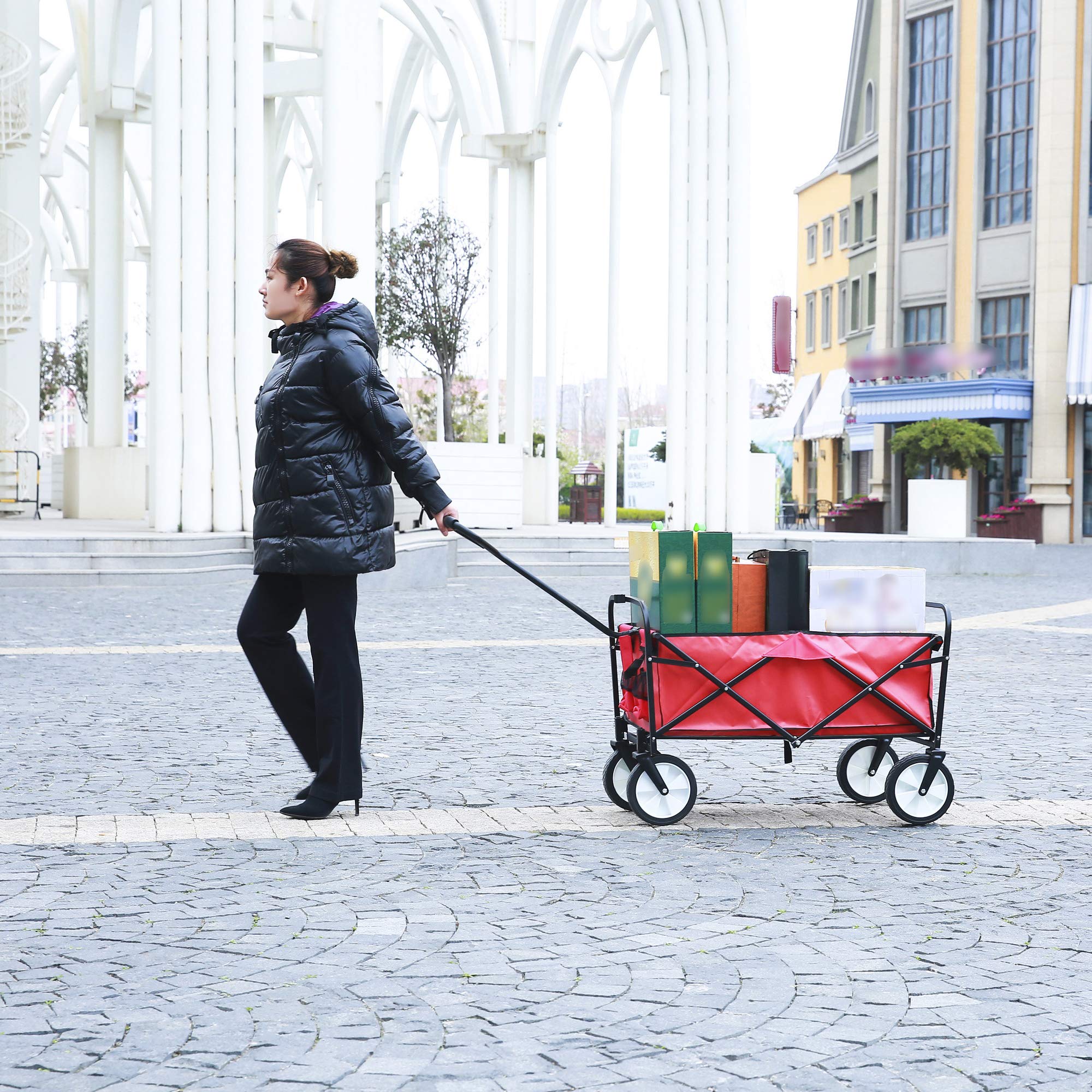 Folding Wagon, Garden Cart Heavy Duty Collapsible Folding All Terrain Utility Beach Garden Shopping, Utility Cart Collapsible (Red)