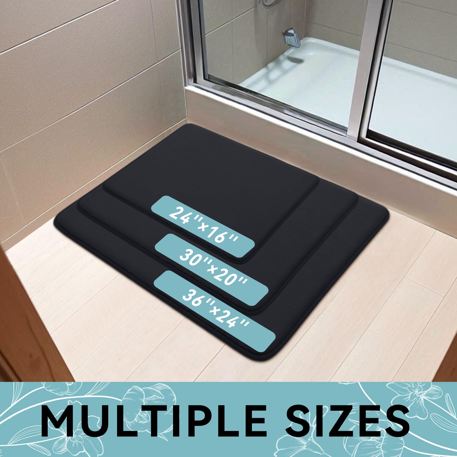 Smiry Memory Foam Bath Mat, Super Soft Absorbent Bathroom Rugs Non Slip Bath Rug Runner for Shower Bathroom Floors, 17" x 24", Black