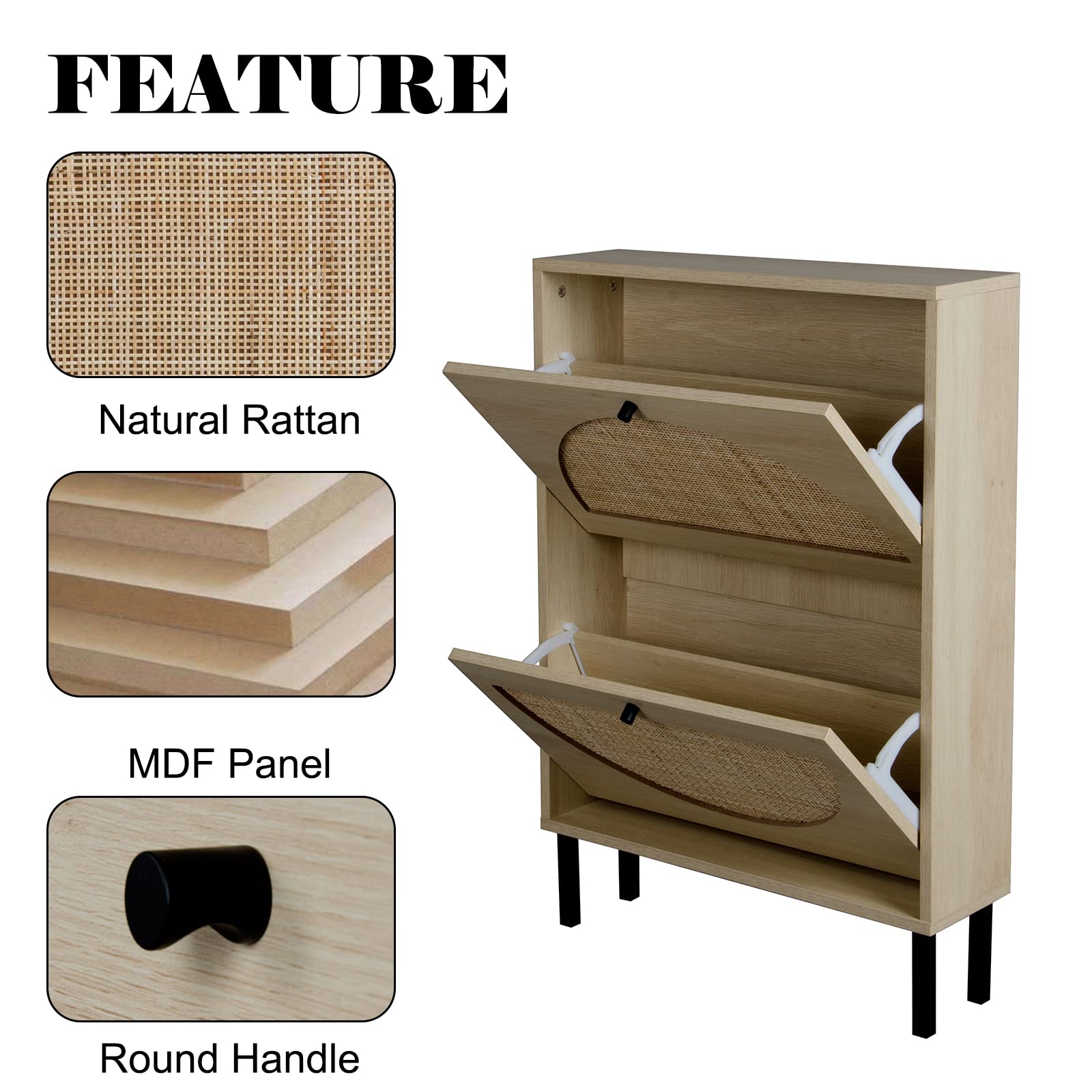 Yoluckea Rattan Shoe Storage Cabinet/Rack with 2 Flip Drawers for Entryway Modern Wooden Free Standing for Heels Slippers Hallway Bedroom Small Space(Natural)
