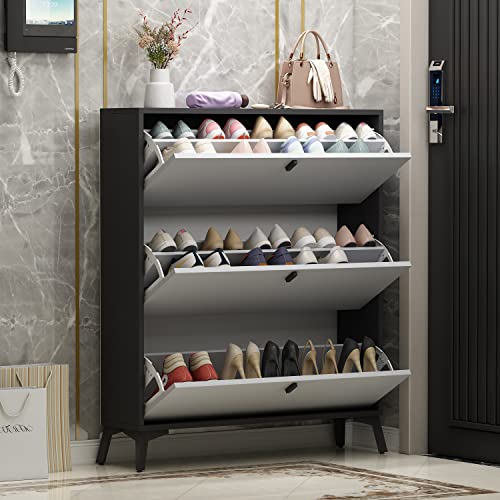 FUFU&GAGA Shoe Cabinet with 3 Flip Drawers for Entryway, Modern Freestanding Rack Storage Organizer (Grey/Dark Grey, 35.4”W x 9.4”D x 47.2”H)