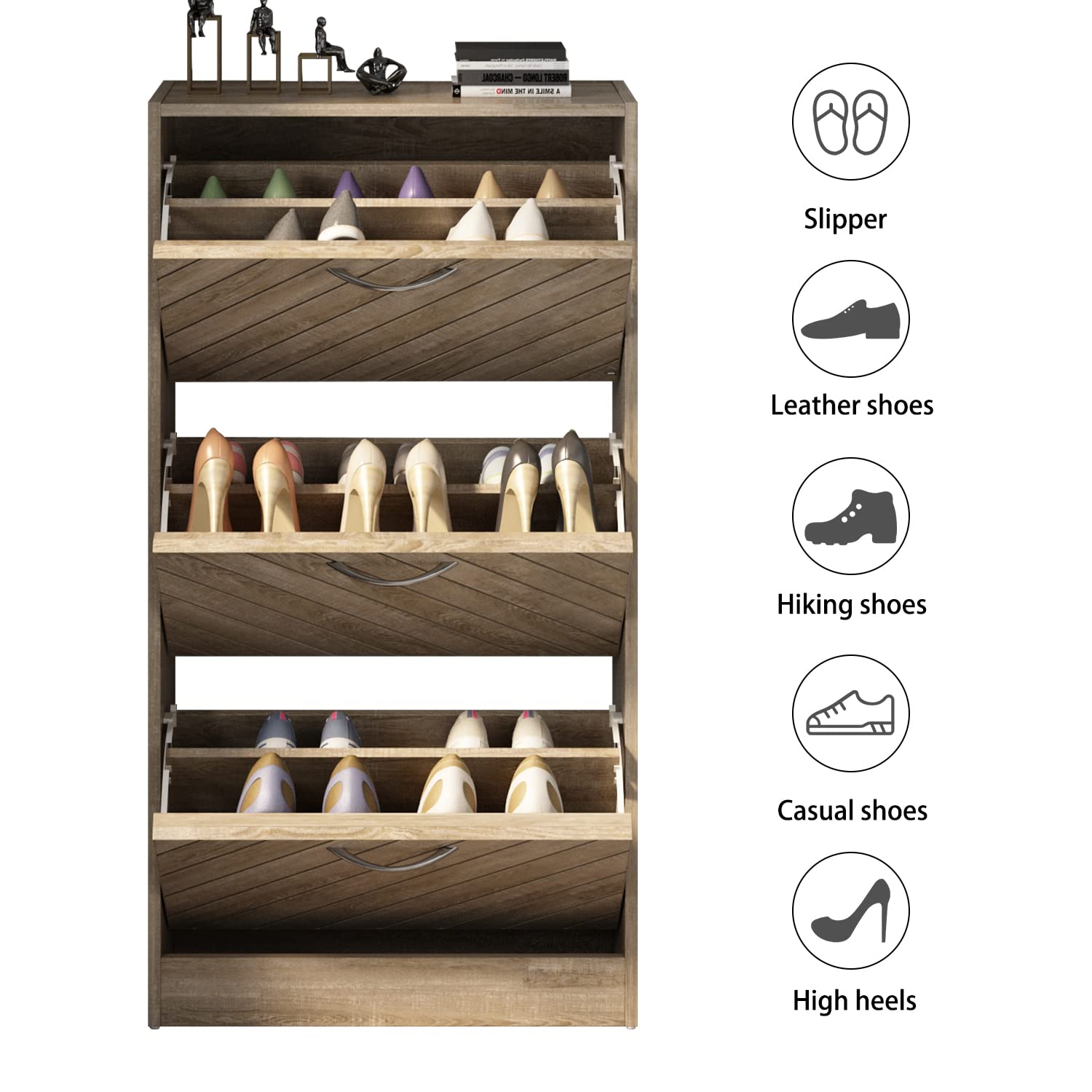 Hitow Shoe Storage Cabinet, Narrow Shoe Cabinet with 3 Drawers & Shutter Doors, Small Space Entryway Freestanding Shoe Rack with Adjustable Shelf, Natrual (22.4" W x 9.4" D x 42.3" H)
