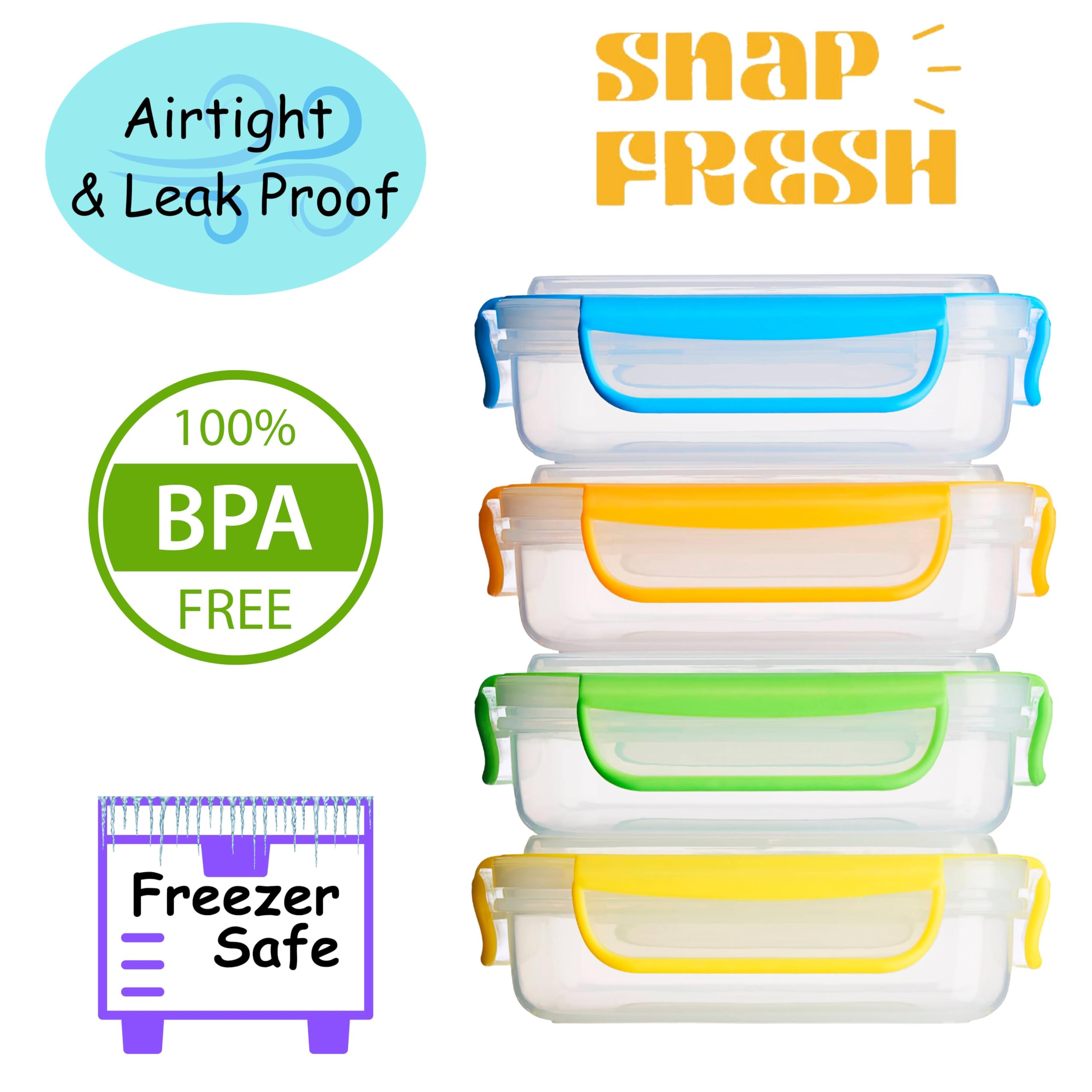 Snap Fresh - 4 Pack of Sandwich Containers (450 ml) - Reusable, BPA Free Plastic, Snap & Lock Shut Lids and Silicone Seal. Great for Fruit, Salad, Lunch Box Snacks and Food Storage; Kids and Adults