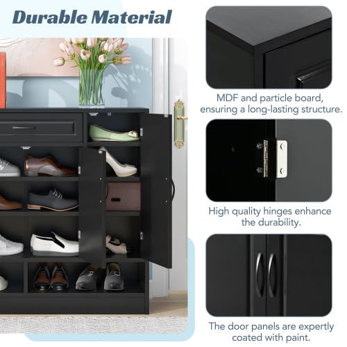FridayParts Sleek and Modern Cabinet with Adjustable Shelves, Minimalist Shoe Storage Organizer with Sturdy Top Surface, Space-Saving Design Side Board for Various Sizes of Items, Black
