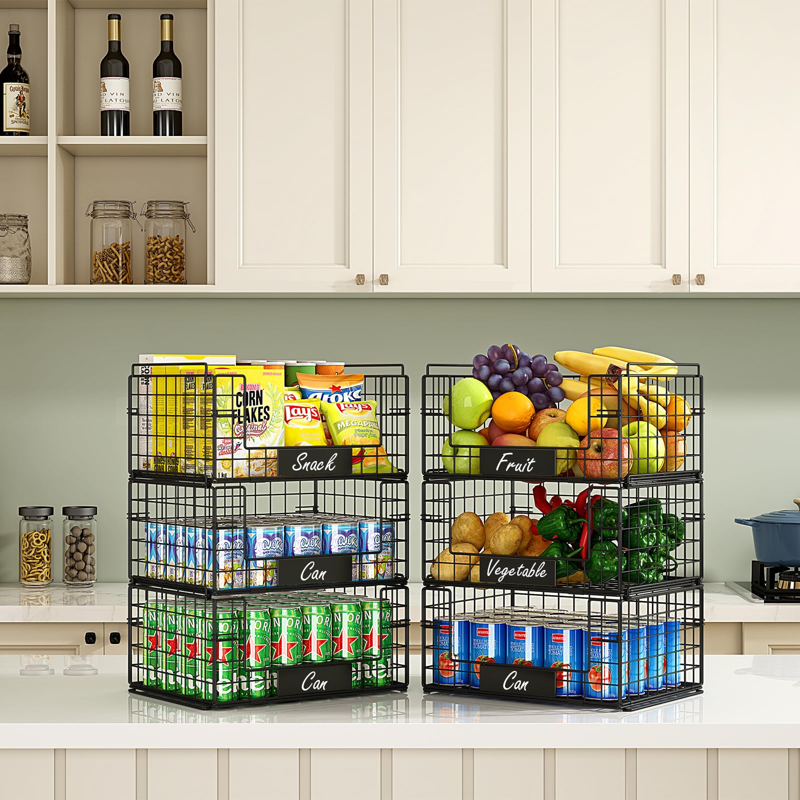 JKsmart 3 Pack XXL Stackable Wire Baskets with Handles for Pantry Storage and Organization, Fruit and Vegetable Basket with Name Plates, Metal Storage Bins for Snack Can Fruit Veggies