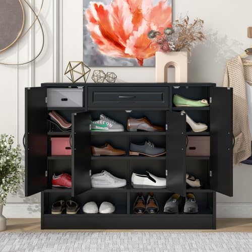 FridayParts Sleek and Modern Cabinet with Adjustable Shelves, Minimalist Shoe Storage Organizer with Sturdy Top Surface, Space-Saving Design Side Board for Various Sizes of Items, Black