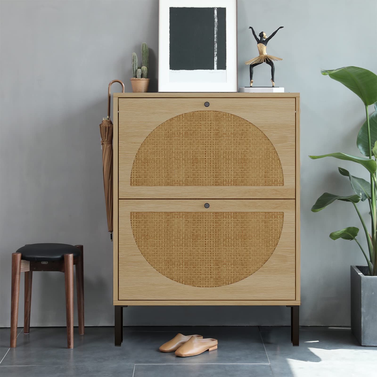 Yoluckea Rattan Shoe Storage Cabinet/Rack with 2 Flip Drawers for Entryway Modern Wooden Free Standing for Heels Slippers Hallway Bedroom Small Space(Natural)