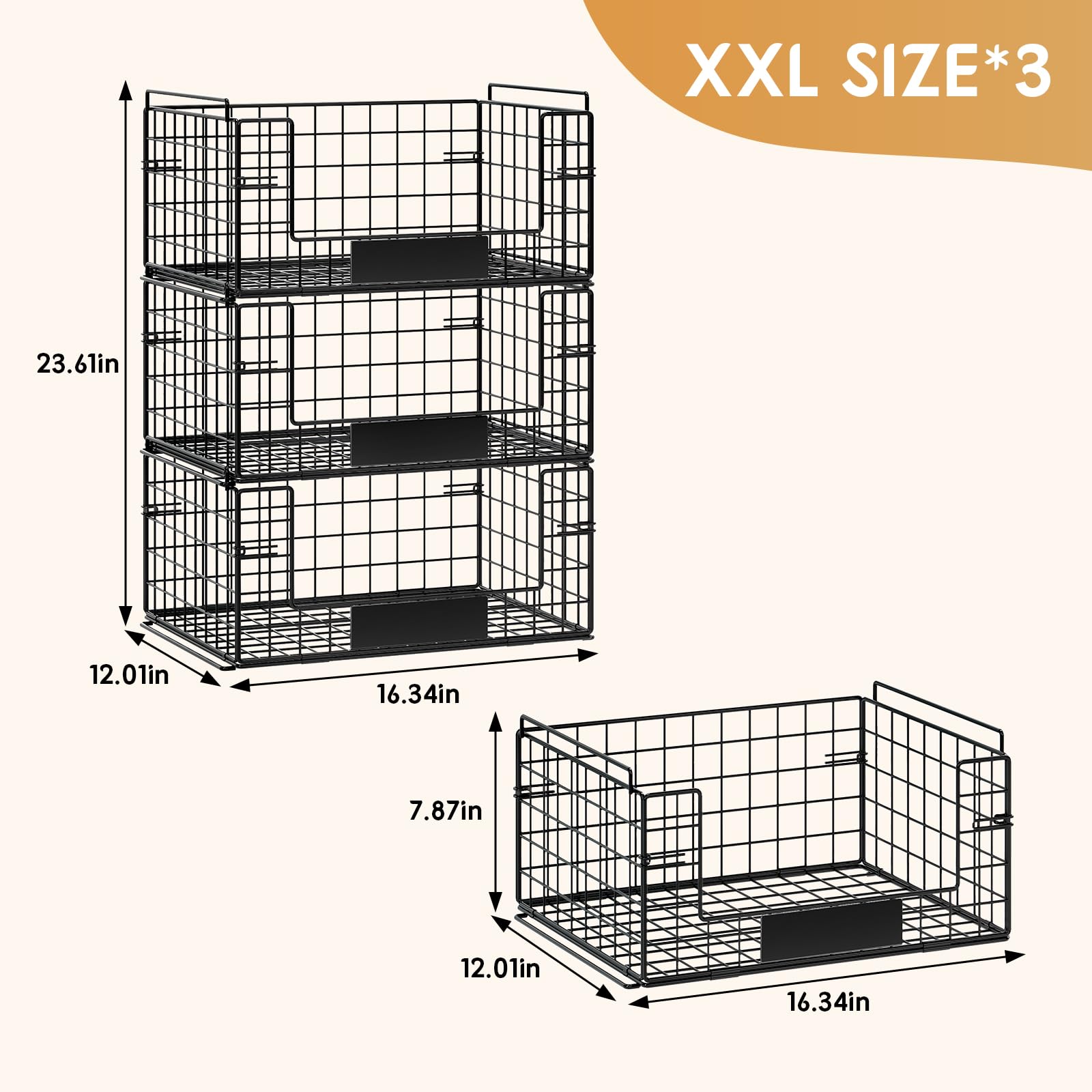 JKsmart 3 Pack XXL Stackable Wire Baskets with Handles for Pantry Storage and Organization, Fruit and Vegetable Basket with Name Plates, Metal Storage Bins for Snack Can Fruit Veggies