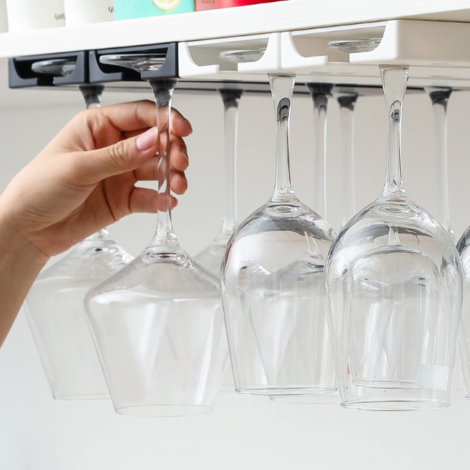 MEUMITY 2 PCS Under Cabinet Punch-free Plastic Wine Glass Holder,No Drilling Stemware Rack Glasses Storage Hanger Hanging Stemware Rack for Bar Cabinet Kitchen,White