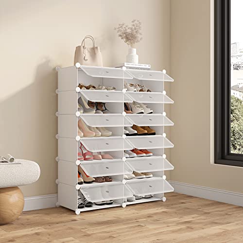 UNZIPE Shoe Rack Cabinet, 8-Tier Shoe Storage Organizer with Doors for Entryway, 16 Pair Plastic Shoe Shelves with Covered DIY Freestanding Shoe Tower for Closet Bedroom Hallway Mudroom Garage, White