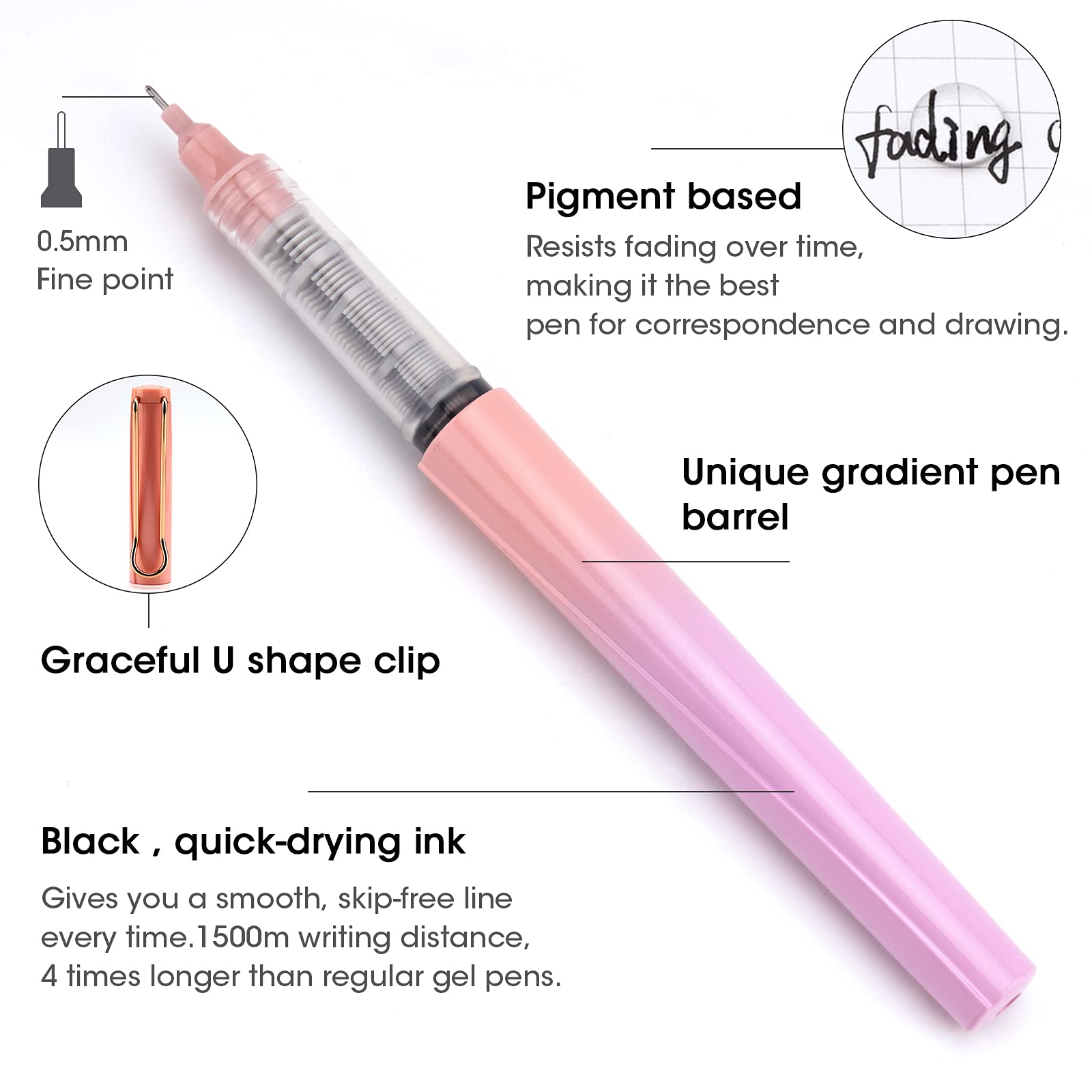 WRITECH Liquid Ink Rollerball Pens Pack of 8, Quick Dry No Bleed Roller Pens 0.5mm Black Pens for Writing, Taking Notes, Journaling & Sketching (Gradient)