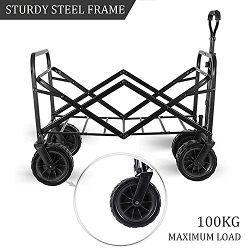 All Terrain Folding Beach Wagon with Canopy,Heavy Duty Collapsible Utility Wagon Transport Trolley,Outdoor Garden Wagon Portable Shopping Cart