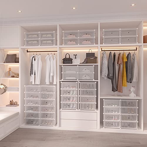 UNZIPE Shoe Rack Cabinet, 8-Tier Shoe Storage Organizer with Doors for Entryway, 16 Pair Plastic Shoe Shelves with Covered DIY Freestanding Shoe Tower for Closet Bedroom Hallway Mudroom Garage, White
