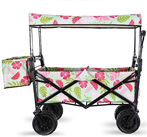 All Terrain Folding Beach Wagon with Canopy,Heavy Duty Collapsible Utility Wagon Transport Trolley,Outdoor Garden Wagon Portable Shopping Cart