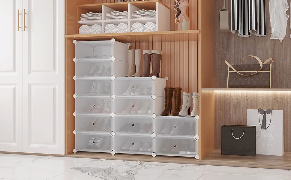 UNZIPE Shoe Rack Cabinet, 8-Tier Shoe Storage Organizer with Doors for Entryway, 16 Pair Plastic Shoe Shelves with Covered DIY Freestanding Shoe Tower for Closet Bedroom Hallway Mudroom Garage, White