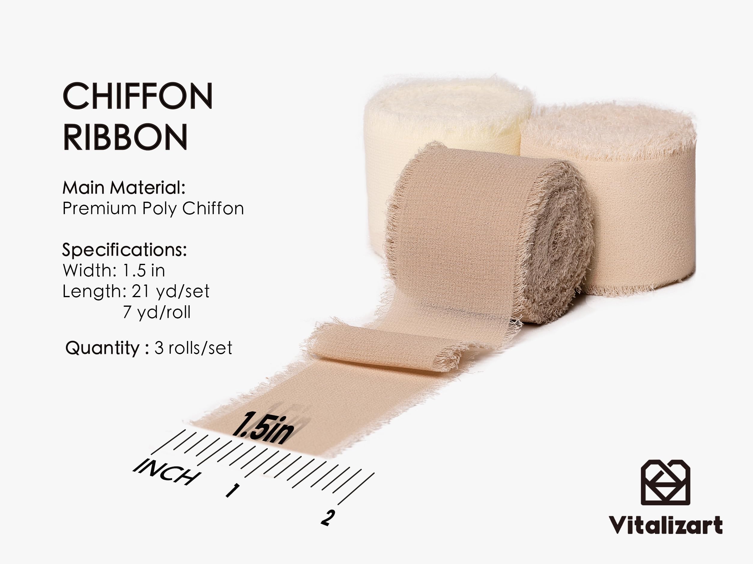 Vitalizart 3 Rolls Handmade Fringe Chiffon Silk Ribbon Gauze 1.5" x 7Yd Nude & White Ribbons Set for Wedding Invitations Bridal Bouquets Gift Wrapping Holiday Decor