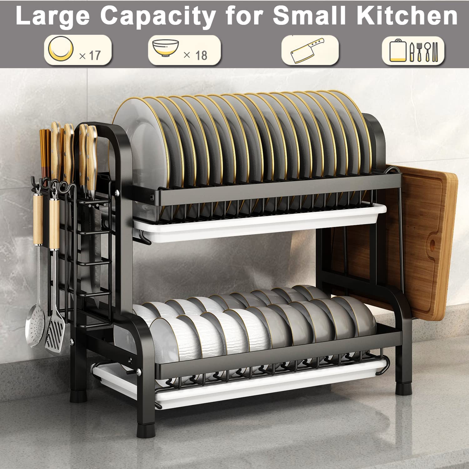 Dish Drying Rack, Rustproof 2-Tier Dish Rack -Multifunctional Dish Rack with Utensil Holder, Cutting Board Holder and Dish Drainer for Kitchen Counter (Black)