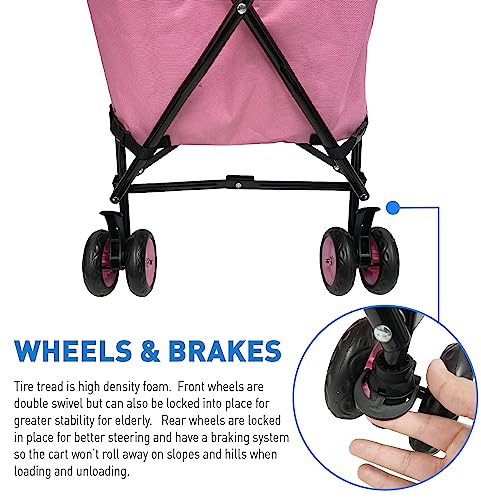 EasyGo Rolling Cart Folding Grocery Shopping Cart Laundry Bag with Wheels, Removable Canvas, 120lb Capacity, Basic Pink