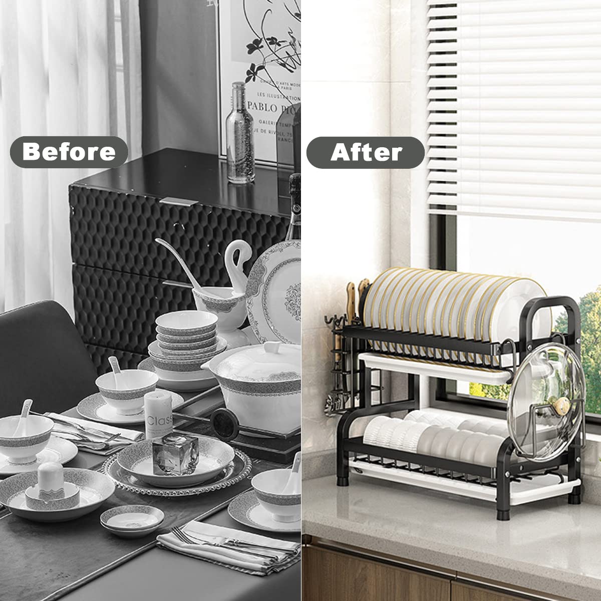Dish Drying Rack, Rustproof 2-Tier Dish Rack -Multifunctional Dish Rack with Utensil Holder, Cutting Board Holder and Dish Drainer for Kitchen Counter (Black)