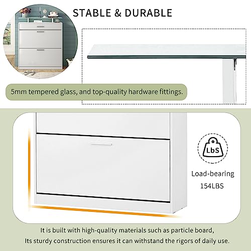 FridayParts Slim Entryway Organizer with 2 Flip Drawers, Tempered Glass Top Shoe Storage Cabinet with Drawer, Free Standing Shoe Rack with LED Light for Hallway, White