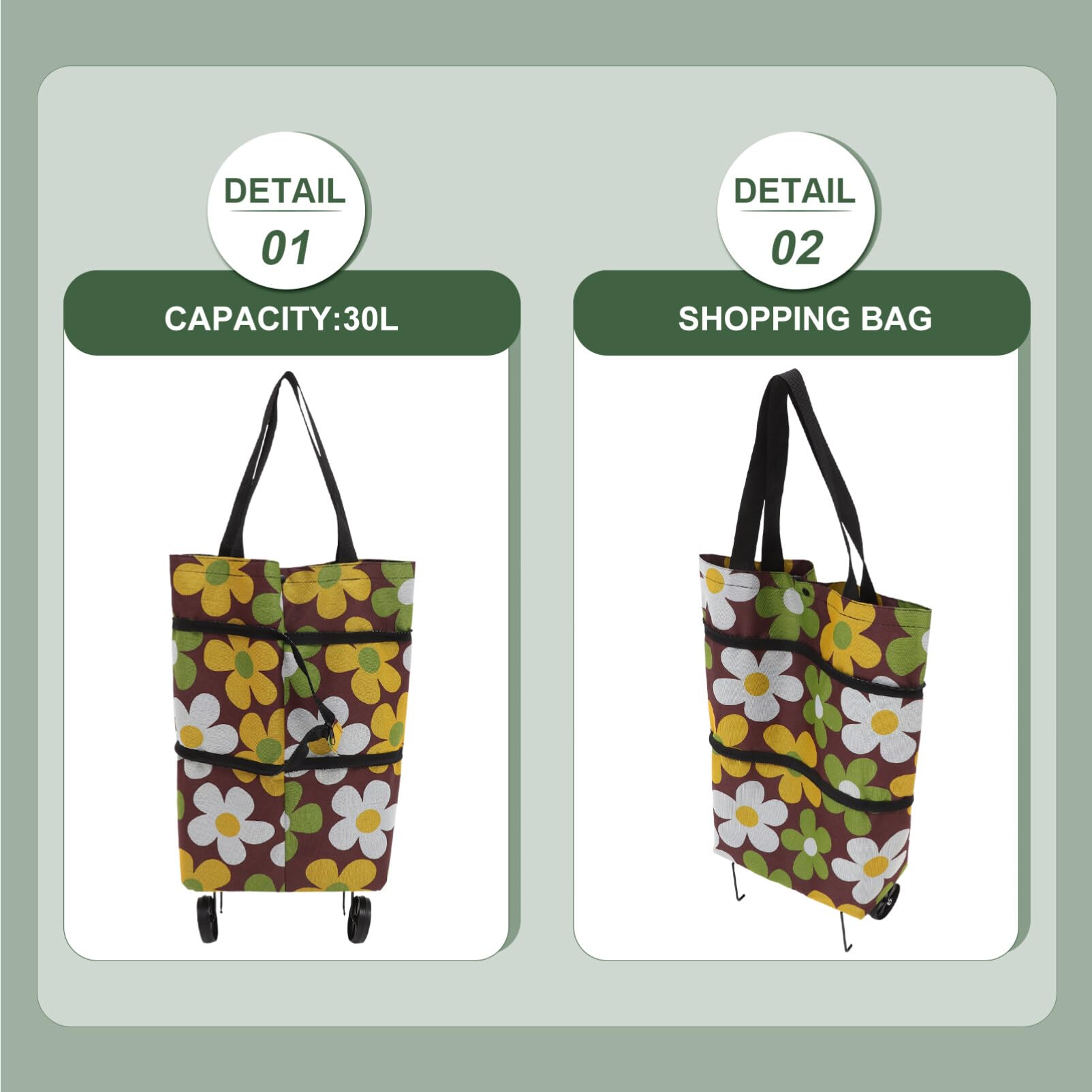 Tofficu Foldable Shopping Cart Trolley Folding Shopping Bag Portable Sunflower Pattern Bag with Wheels Collapsible Food Bag for Shopping Travel
