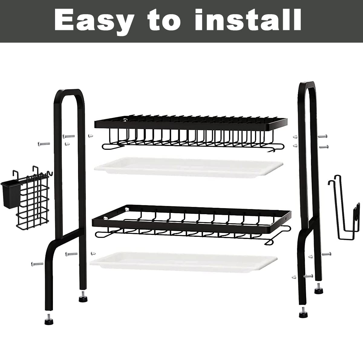 Dish Drying Rack, Rustproof 2-Tier Dish Rack -Multifunctional Dish Rack with Utensil Holder, Cutting Board Holder and Dish Drainer for Kitchen Counter (Black)