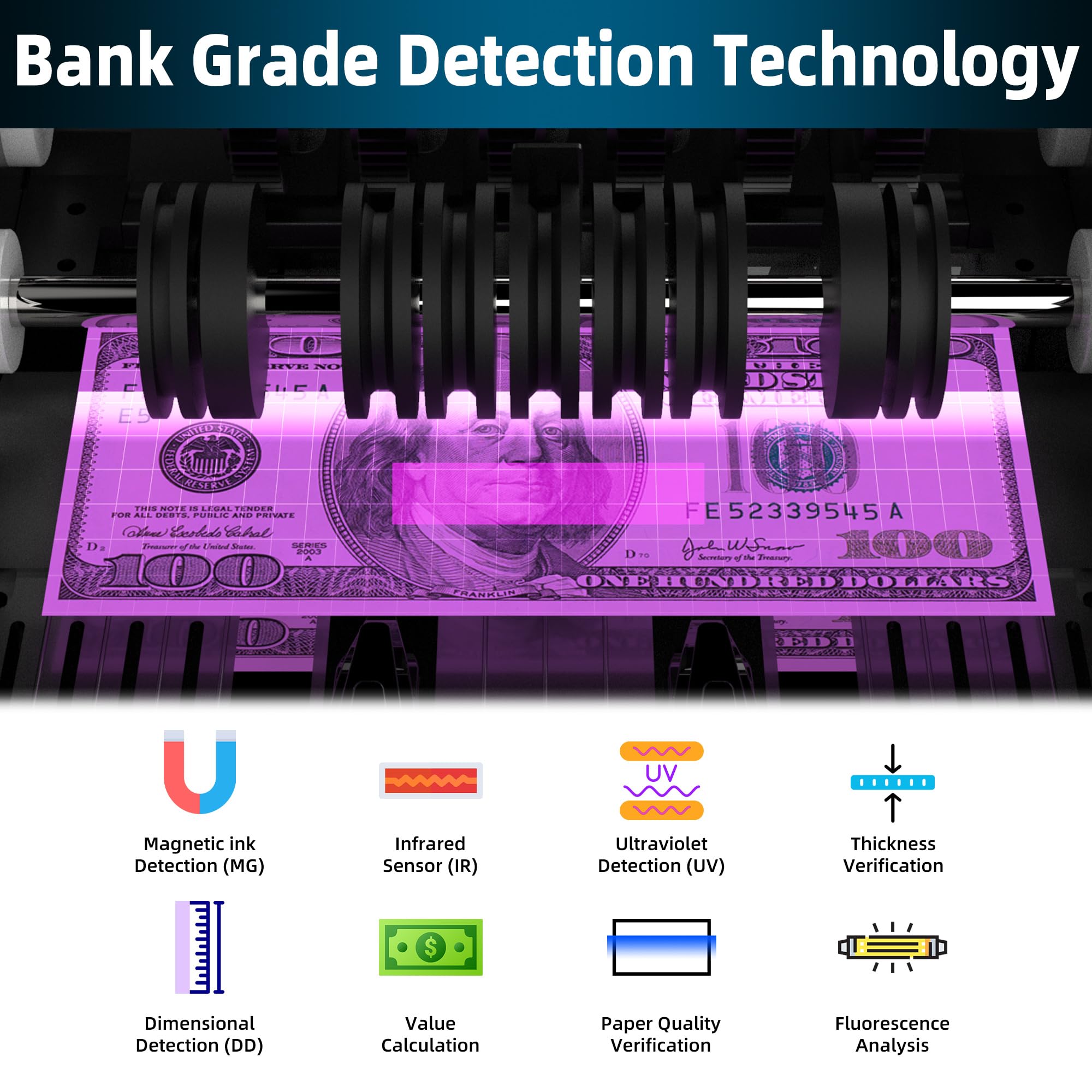 Money Counter Machine PONNOR with Value Count, Dollar, Euro with UV/MG/IR/DD/DBL/HLF/CHN Counterfeit Detection, Bill Cash Counting, Large LCD Display