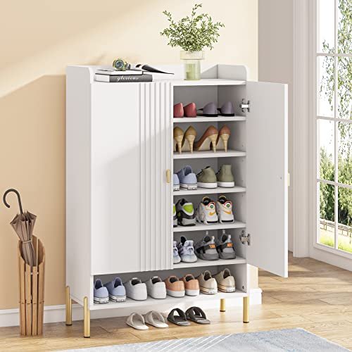 LITTLE TREE Shoe Cabinet for Entryway: 6-Tier Shoe Organizer Cabinet Narrow Slim, Freestanding Wood Shoe Rack with Doors Adjustable Shelves for Hallway, Closet, Living Room