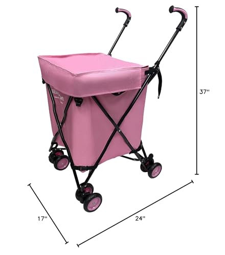 EasyGo Rolling Cart Folding Grocery Shopping Cart Laundry Bag with Wheels, Removable Canvas, 120lb Capacity, Basic Pink