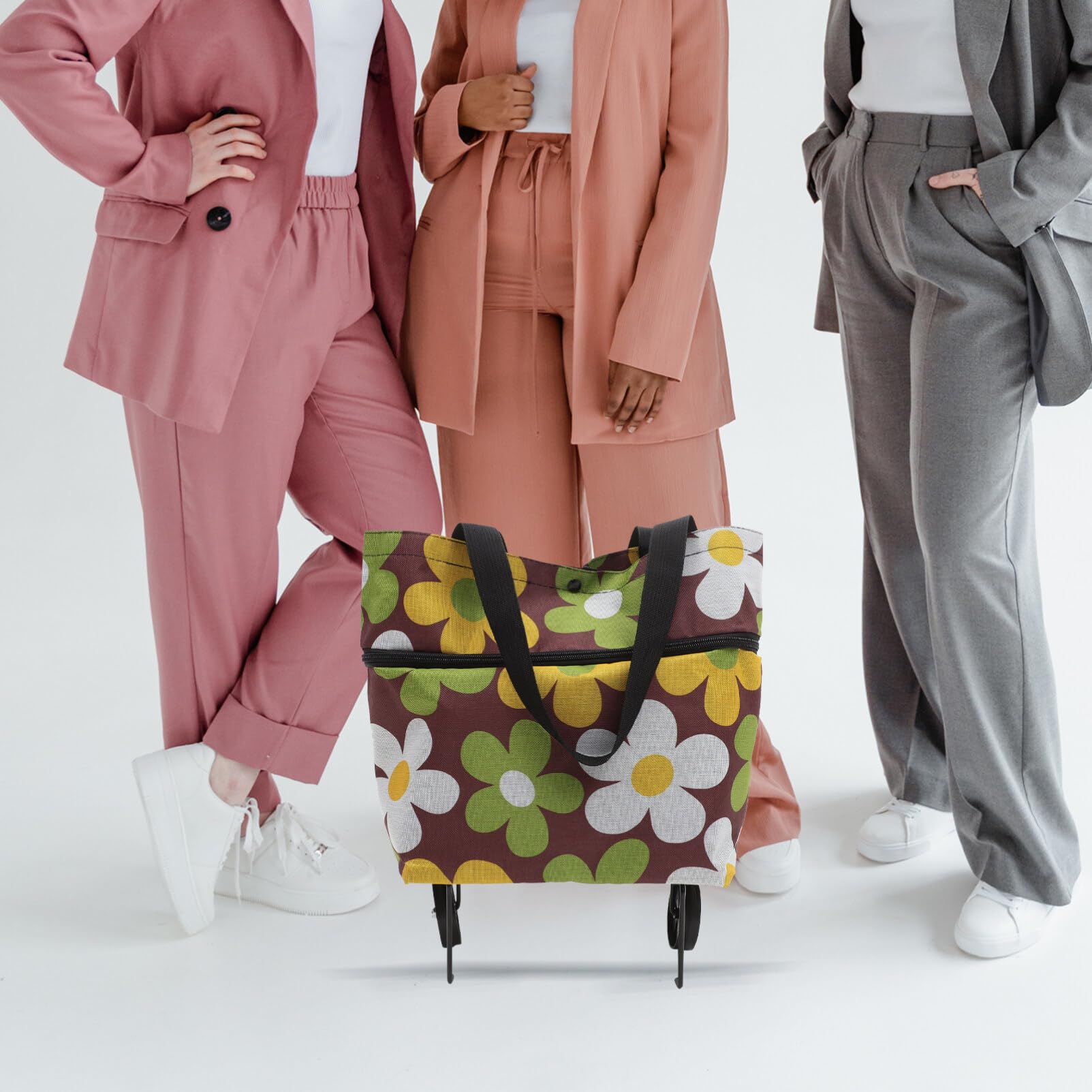 Tofficu Foldable Shopping Cart Trolley Folding Shopping Bag Portable Sunflower Pattern Bag with Wheels Collapsible Food Bag for Shopping Travel