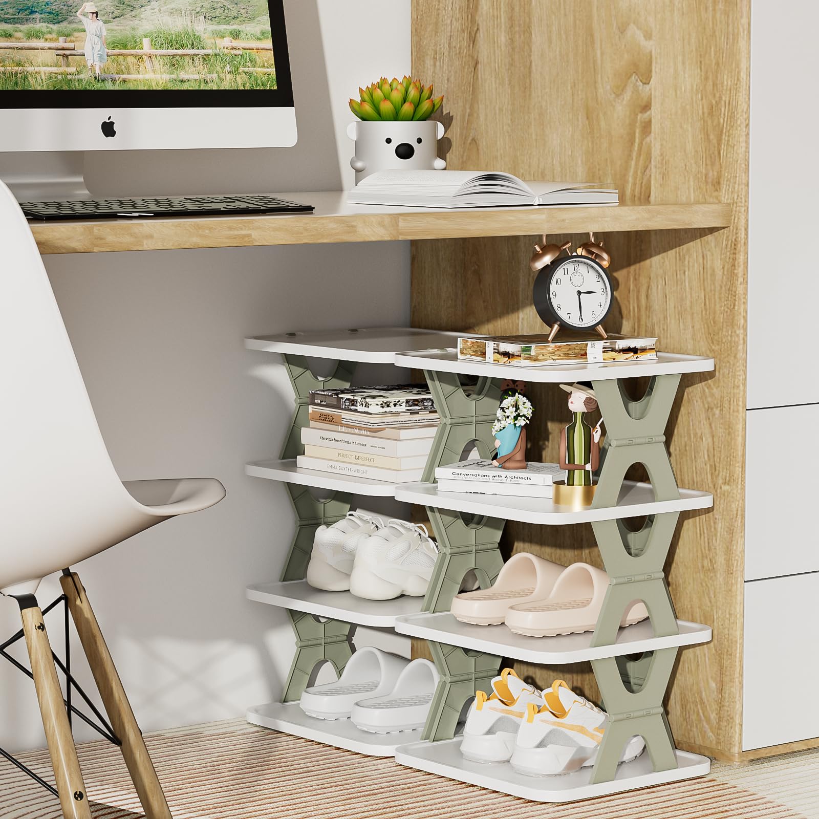 Dscabomlg Plastic 5-Tier Shoe Shelf - Foldable Shoe Storage - Modern Style - 5 Shelves - 3 lbs Capacity - Freestanding - Uniform Plastic Finish - 11.1" L x 1.1" W x 11.2" H - Unisex - Living Room