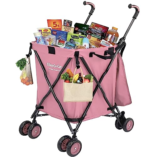 EasyGo Rolling Cart Folding Grocery Shopping Cart Laundry Bag with Wheels, Removable Canvas, 120lb Capacity, Basic Pink