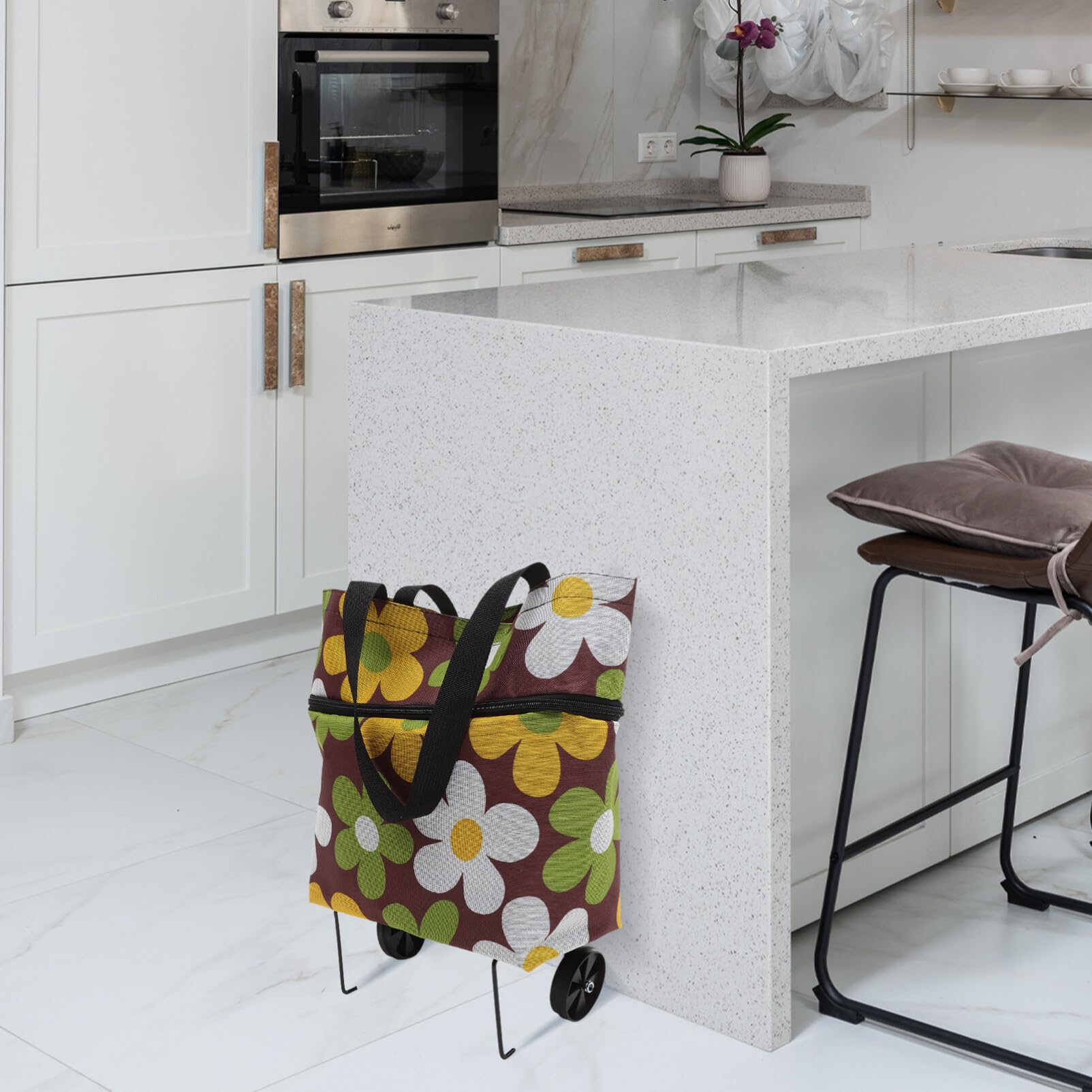 Tofficu Foldable Shopping Cart Trolley Folding Shopping Bag Portable Sunflower Pattern Bag with Wheels Collapsible Food Bag for Shopping Travel