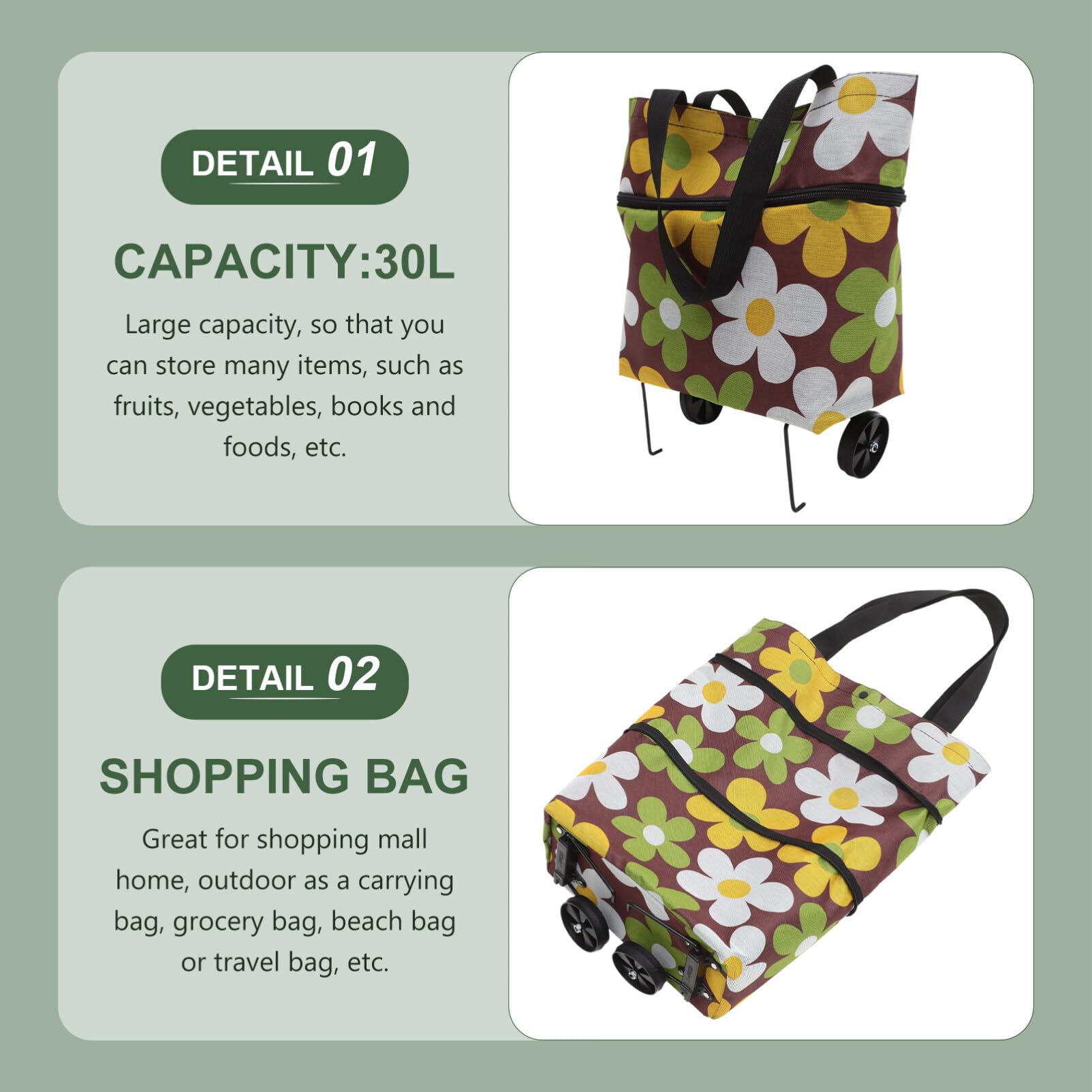 Tofficu Foldable Shopping Cart Trolley Folding Shopping Bag Portable Sunflower Pattern Bag with Wheels Collapsible Food Bag for Shopping Travel
