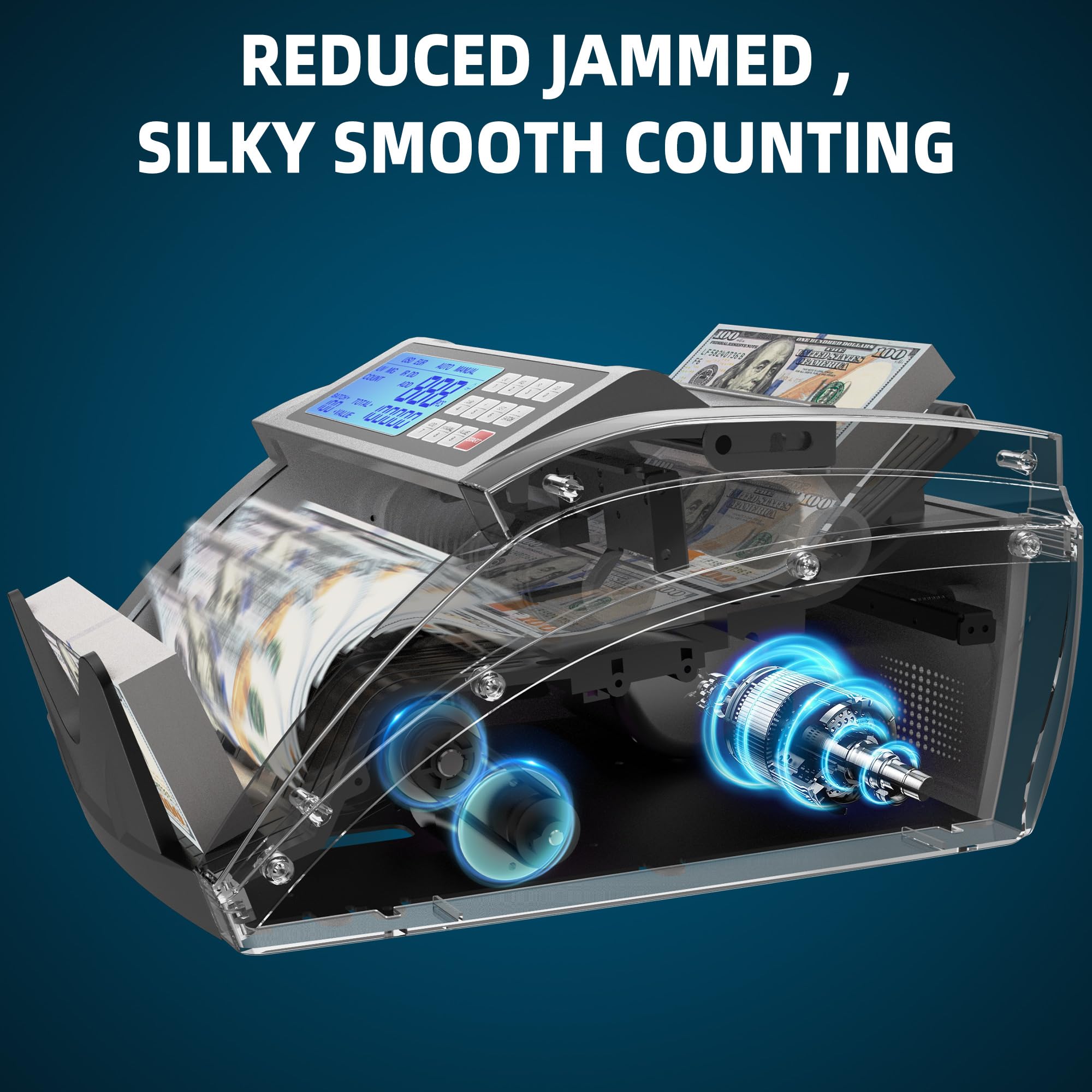 Money Counter Machine PONNOR with Value Count, Dollar, Euro with UV/MG/IR/DD/DBL/HLF/CHN Counterfeit Detection, Bill Cash Counting, Large LCD Display