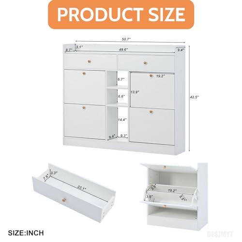 5-Tier Shoe Cabinet with Doors, Modern Shoe Storage Cabinet with Adjustable Shelves and Drawer, Freestanding Shoe Rack Organizer for Living Room Hallway Entryway, White (47.2" x 11.8" x 39.4")