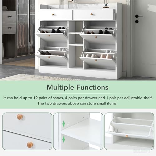 5-Tier Shoe Cabinet with Doors, Modern Shoe Storage Cabinet with Adjustable Shelves and Drawer, Freestanding Shoe Rack Organizer for Living Room Hallway Entryway, White (47.2" x 11.8" x 39.4")