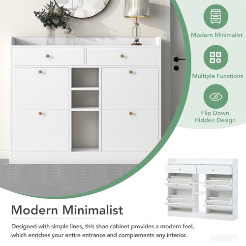 5-Tier Shoe Cabinet with Doors, Modern Shoe Storage Cabinet with Adjustable Shelves and Drawer, Freestanding Shoe Rack Organizer for Living Room Hallway Entryway, White (47.2" x 11.8" x 39.4")