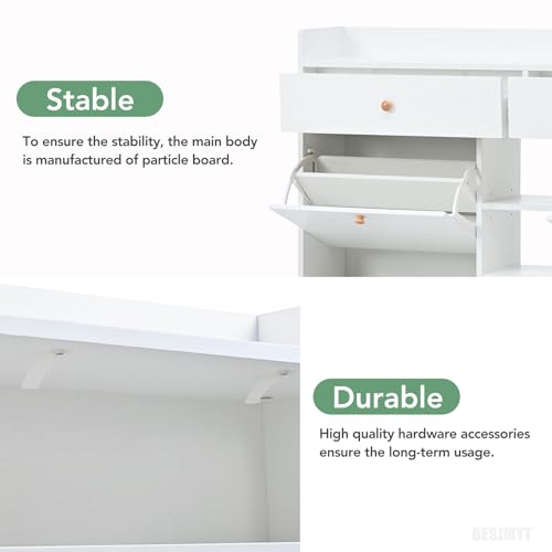 5-Tier Shoe Cabinet with Doors, Modern Shoe Storage Cabinet with Adjustable Shelves and Drawer, Freestanding Shoe Rack Organizer for Living Room Hallway Entryway, White (47.2" x 11.8" x 39.4")