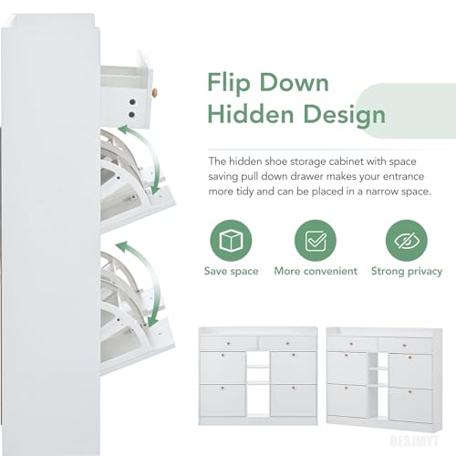 5-Tier Shoe Cabinet with Doors, Modern Shoe Storage Cabinet with Adjustable Shelves and Drawer, Freestanding Shoe Rack Organizer for Living Room Hallway Entryway, White (47.2" x 11.8" x 39.4")